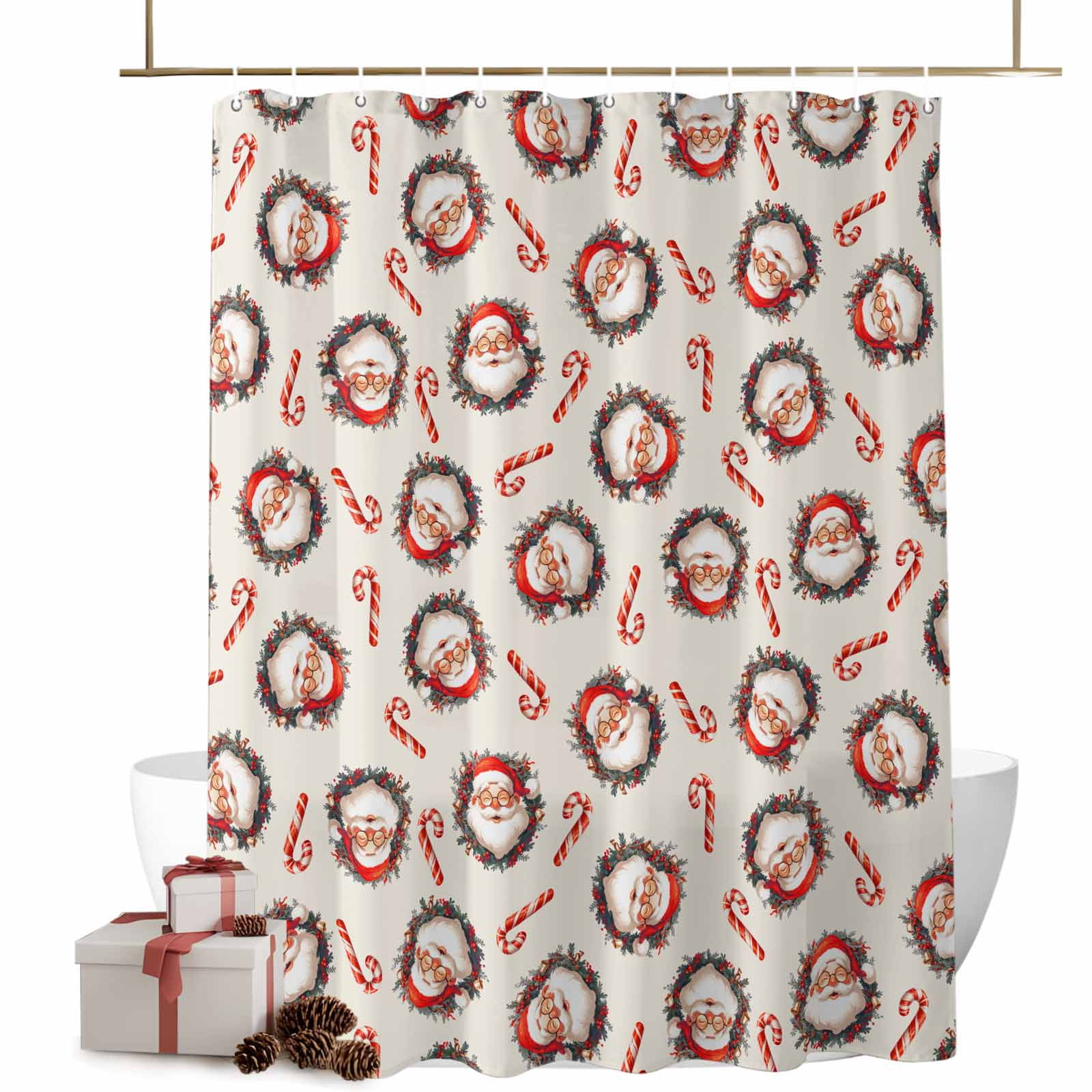 Christmas Shower Curtains Santa Claus Bath Curtain Red Candy Cane ...