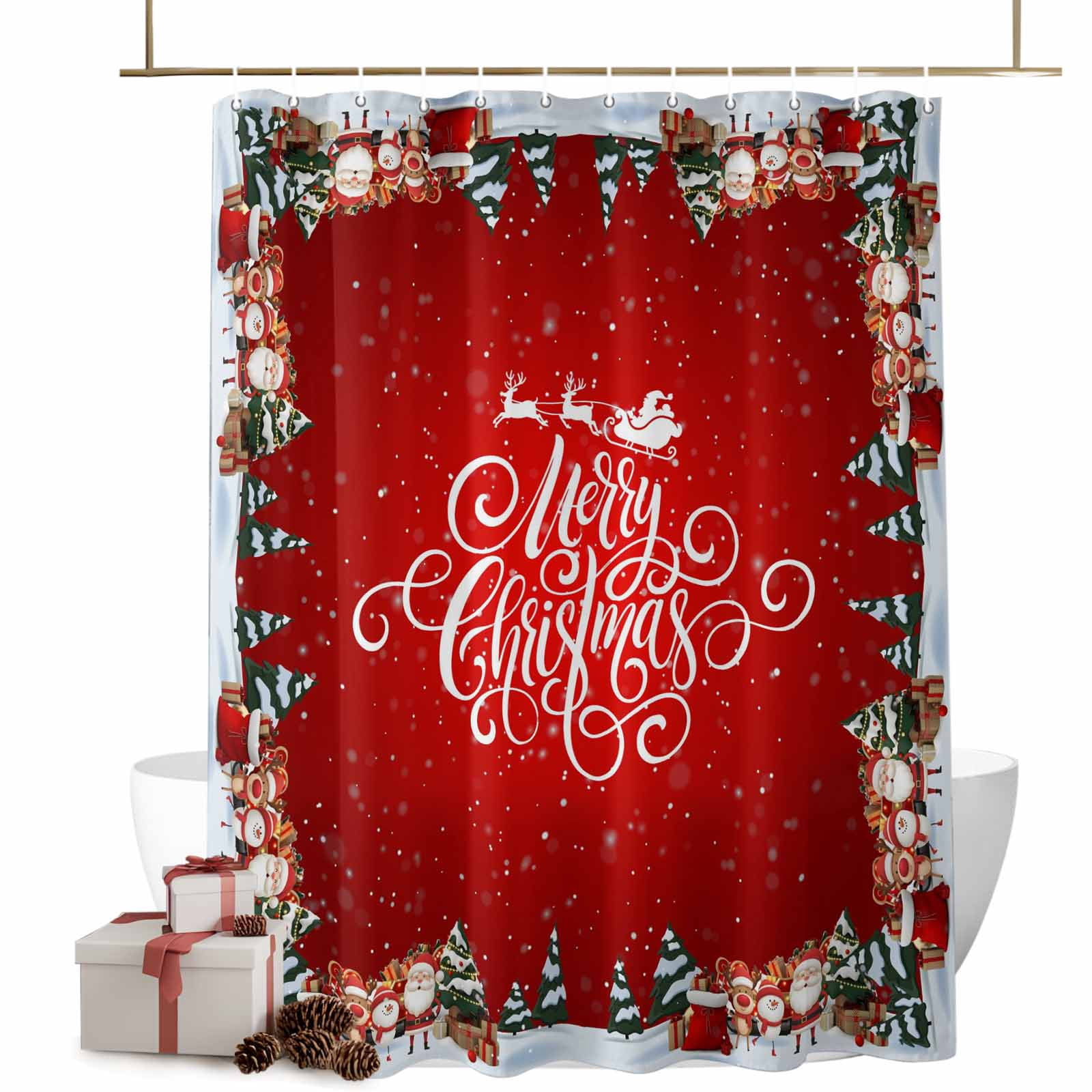 Christmas Shower Curtains Santa Claus Deer Bath Curtain Pine Trees ...