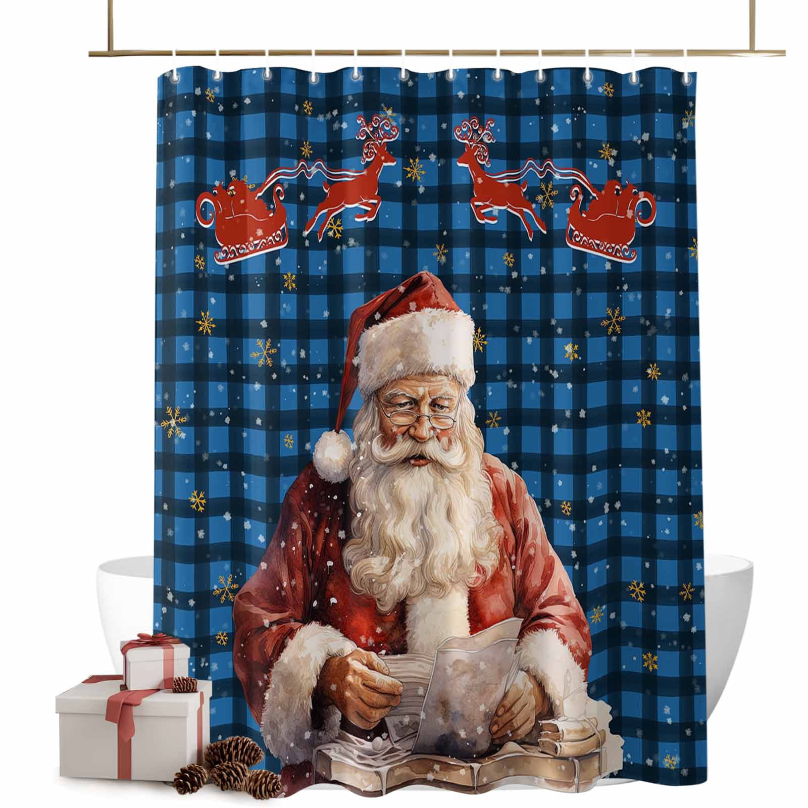 Christmas Shower Curtains Santa Claus Reindeer Sleigh Bath Curtain ...