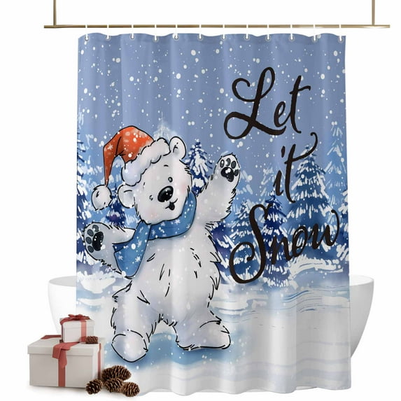 Christmas Shower Curtains Santa Hat Bear Bath Curtain Blue Snow Forest ...