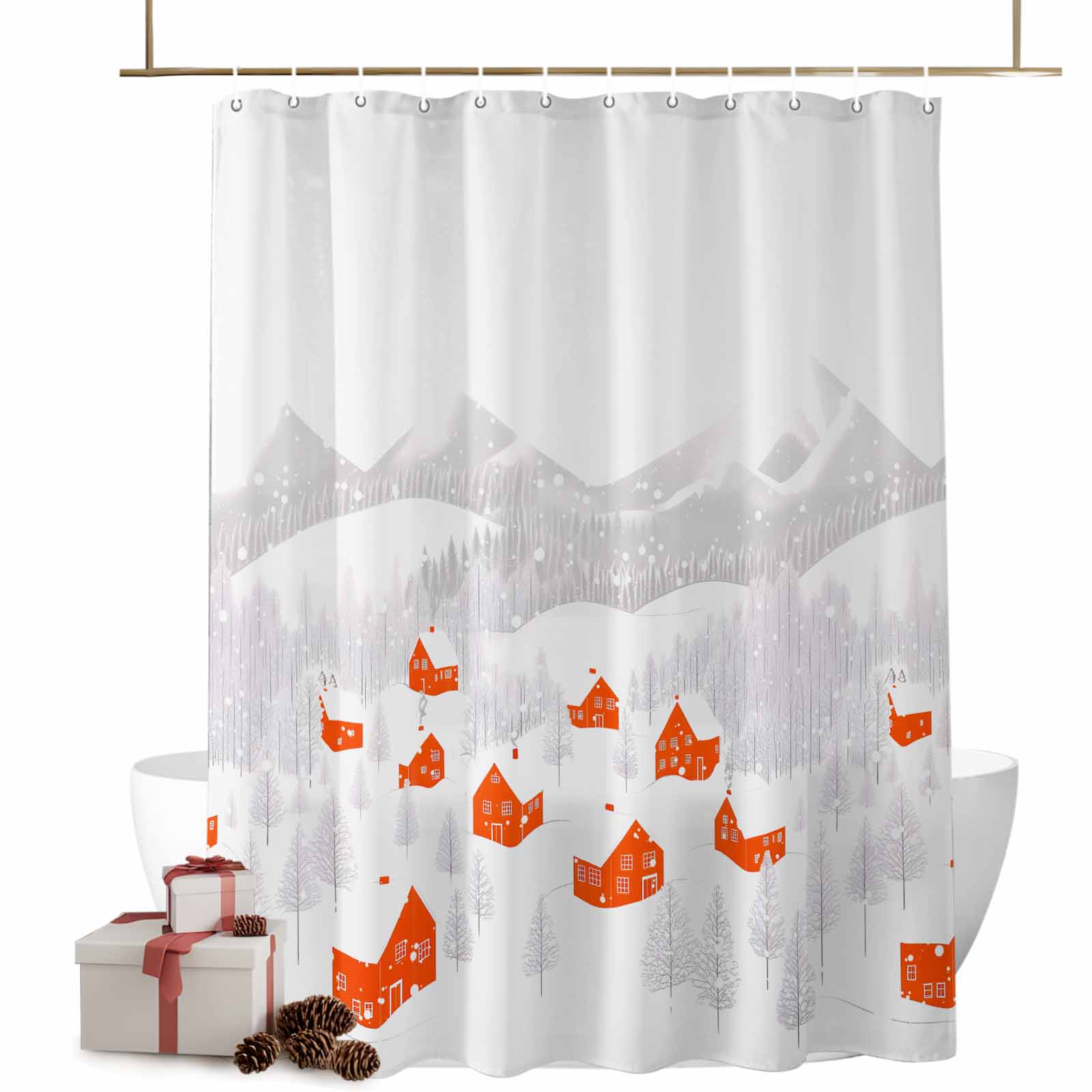 Christmas Shower Curtains Snow Town Bath Curtain Mountain Tree ...