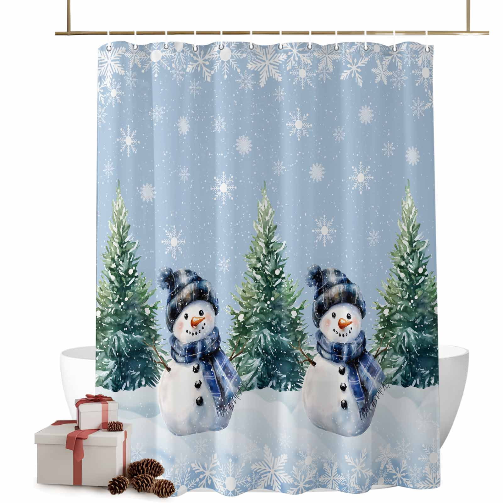 Christmas Shower Curtains Snowman Pine Trees Bath Curtain Snowflakes ...