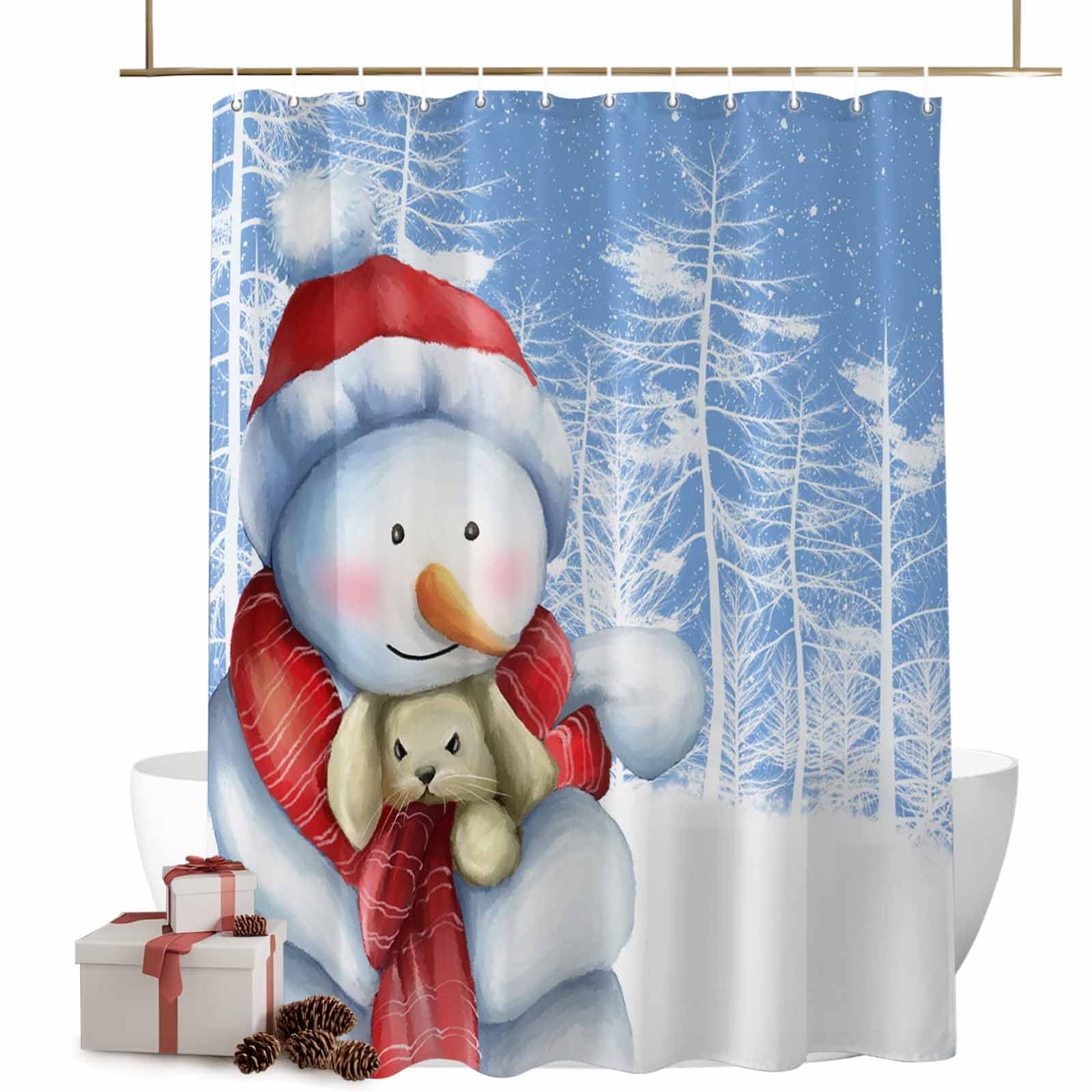 Christmas Shower Curtains Snowman Rabbit Bath Curtain Xmas Trees Snow ...