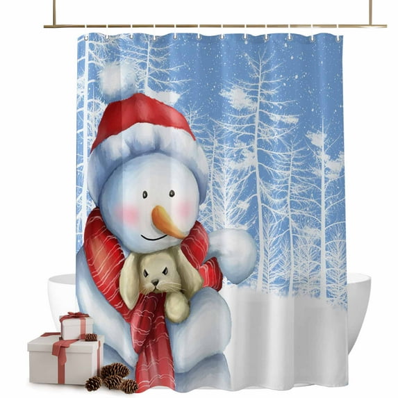 Christmas Shower Curtains Snowman Rabbit Bath Curtain Xmas Trees Snow ...