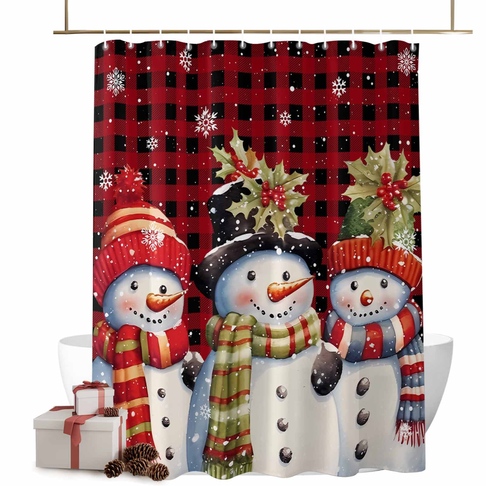 Christmas Shower Curtains Snowman Red Berry Bath Curtain Red Buffalo ...
