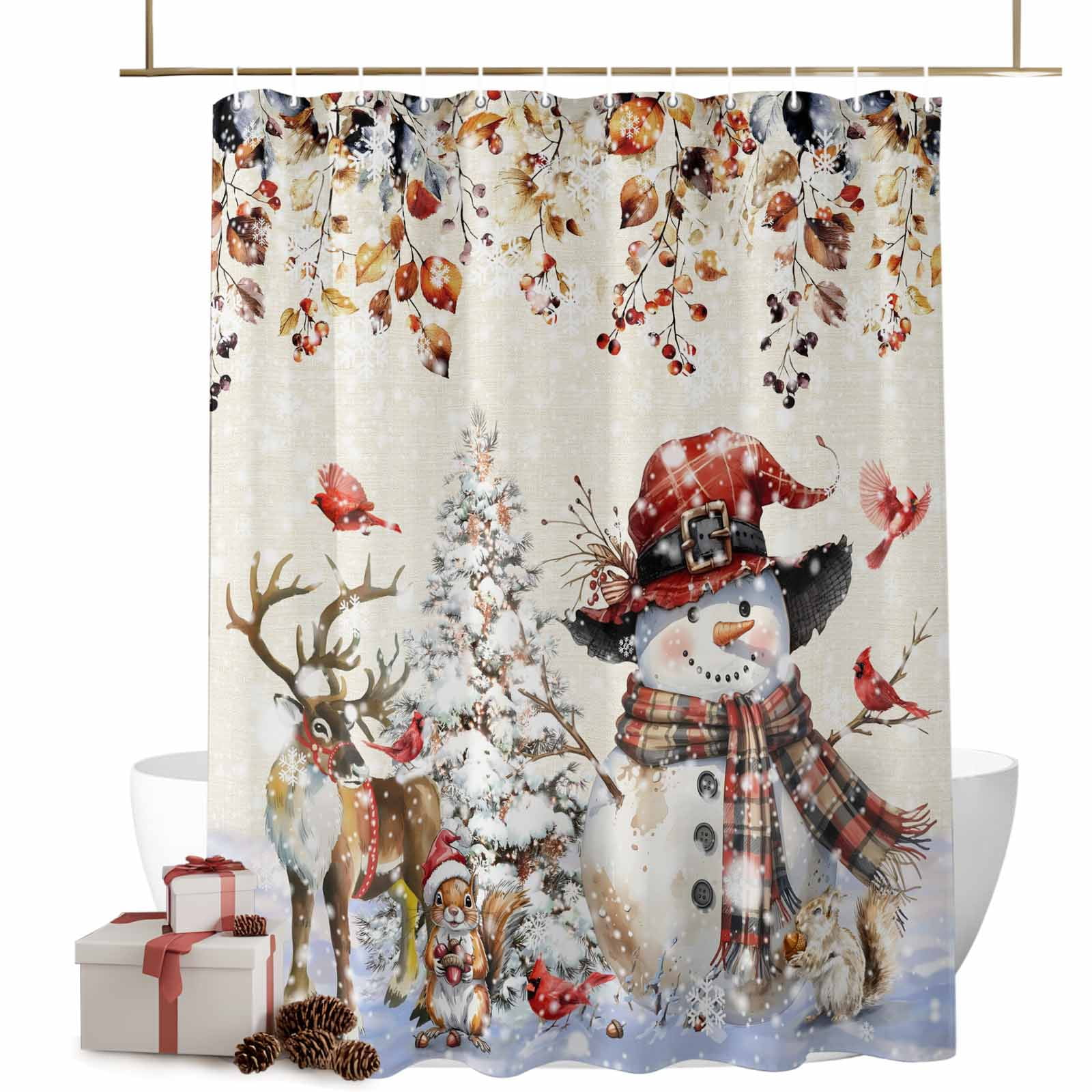 Christmas Shower Curtains Snowman Reindeer Snow Bath Curtain Pine Trees ...