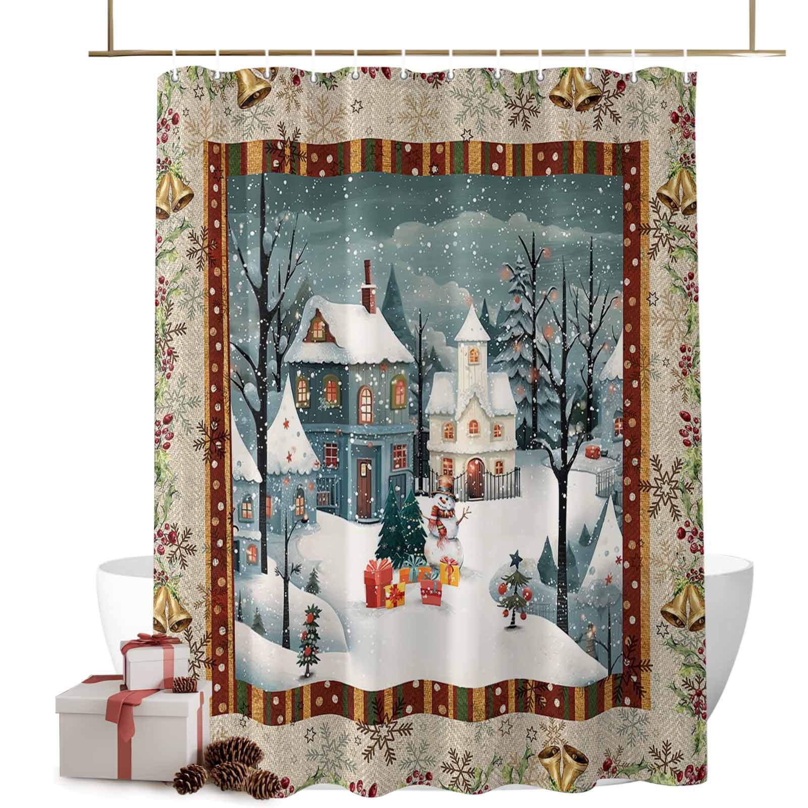 Christmas Shower Curtains Snowman Snowflake Snow Bath Curtain Bell ...