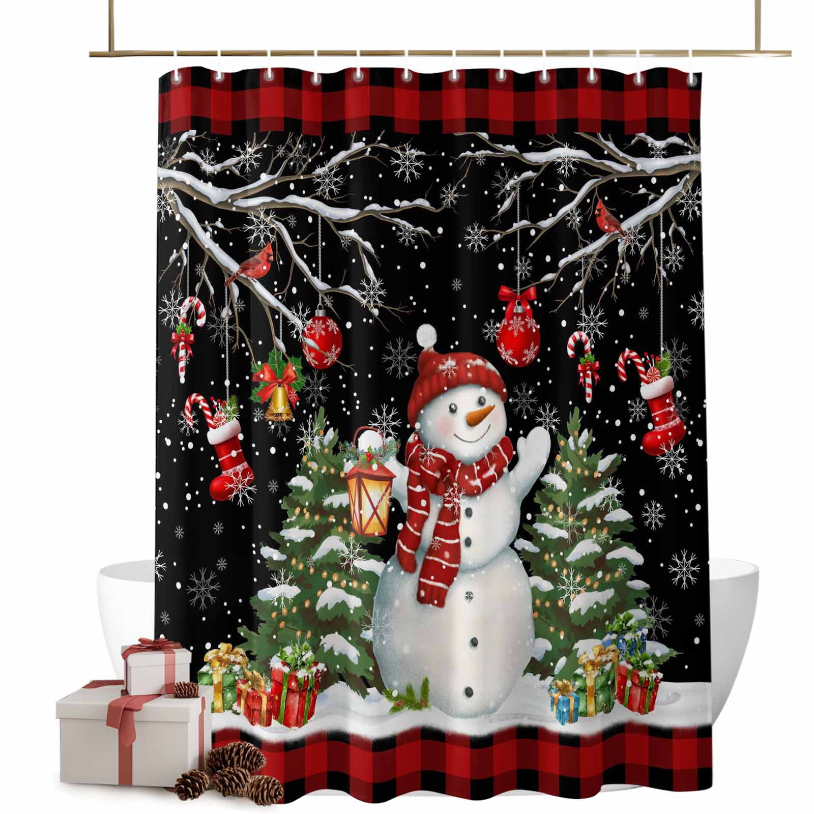 Christmas Shower Curtains Snowman Xmas Trees Bath Curtain Bell ...
