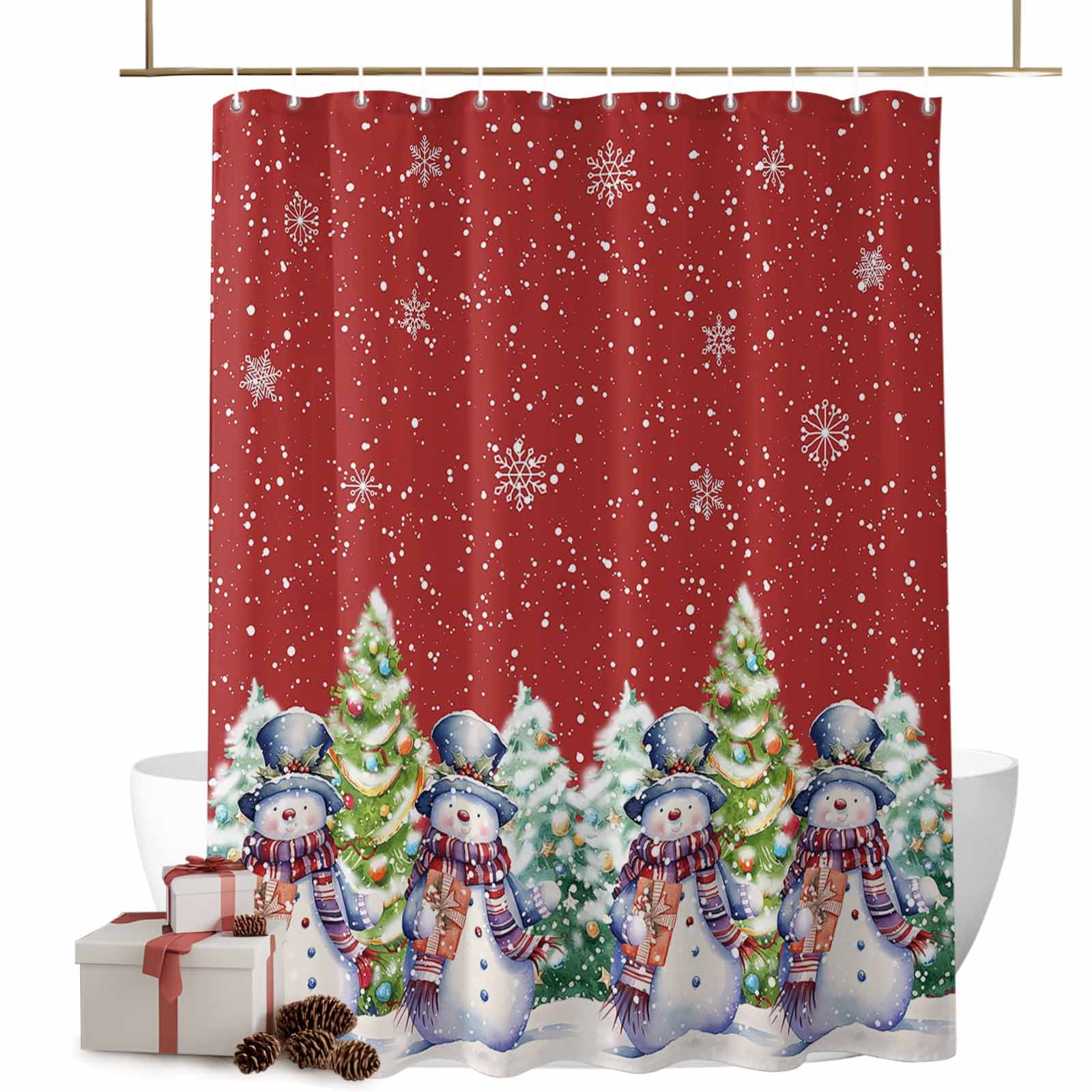 Christmas Shower Curtains Xmas Tree Snowman Bath Curtain Snowflake Red Waterproof Seasonal ...