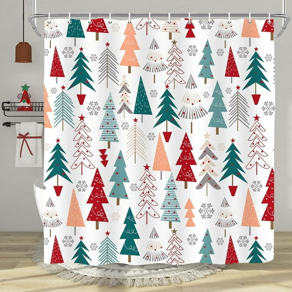 Christmas Shower Curtian, Colorful Cartoon Xmas Tree New Year Holiday ...