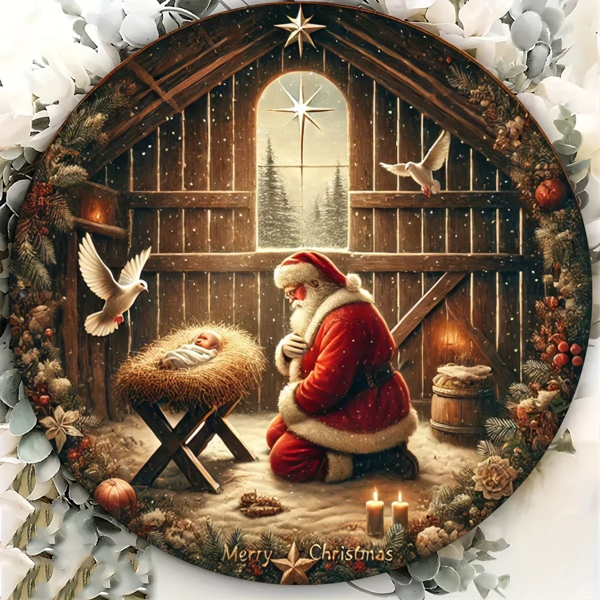 Christmas Sign - Santa Kneeling in Manger Scene, 8x8 Inch Round Metal ...