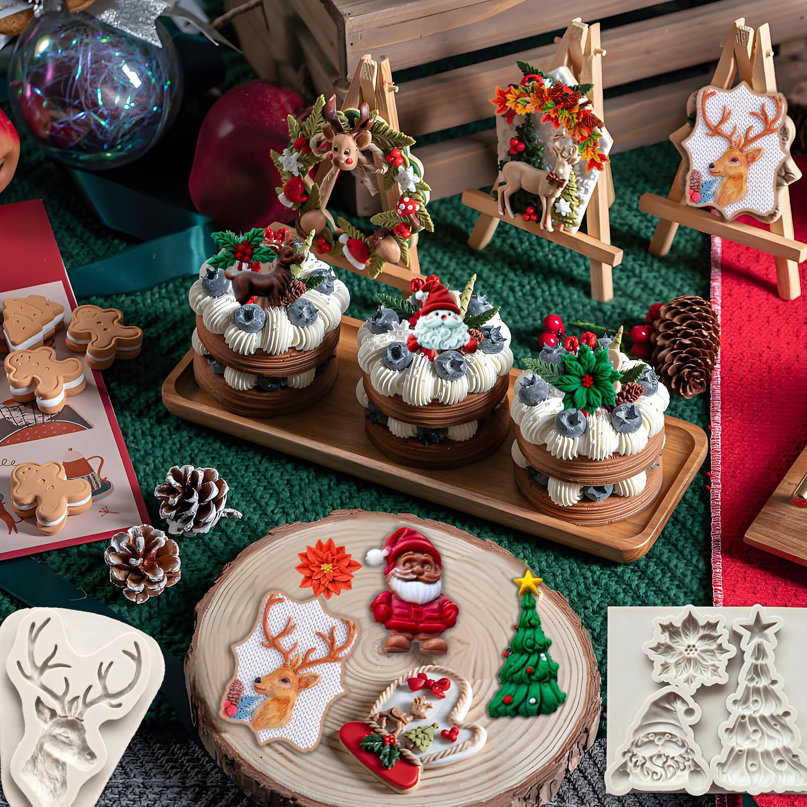 Christmas Silicone Molds Set 5 Pcs Tree Holly Leaf Santa Reindeer ...