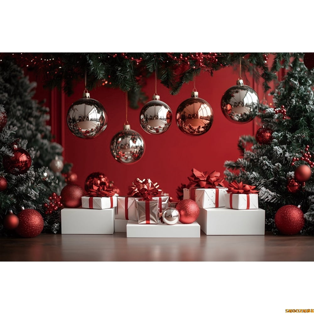 Christmas Silver Light Balls Red Wall Background Gift Xmas Tree Party ...