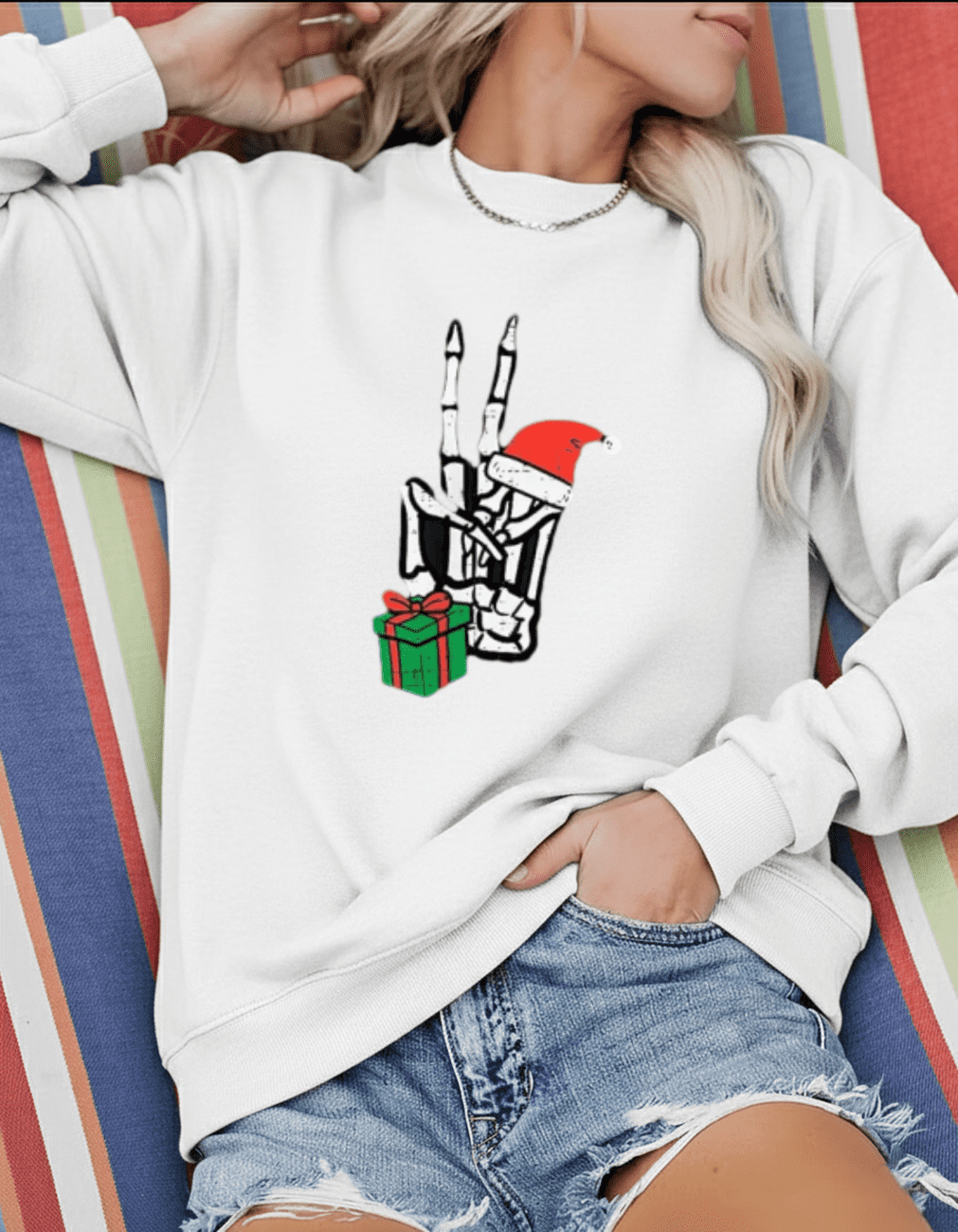Christmas Skeleton Hand Peace Sign In Pocket Holiday Fun Sweatshirt ...