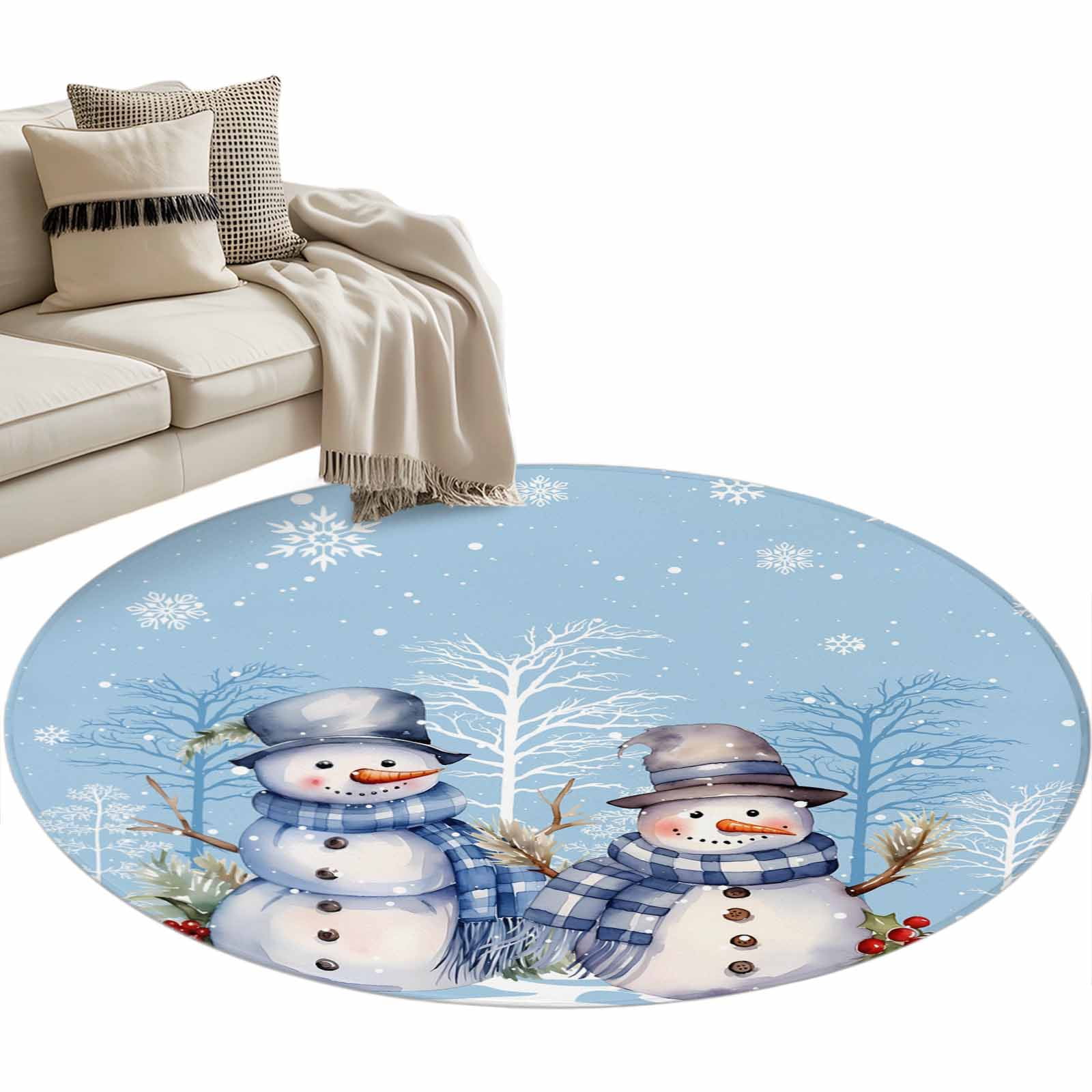 Christmas Sky Round Area Rug 4ft Snowflake Snowman Non-Slip Washable ...