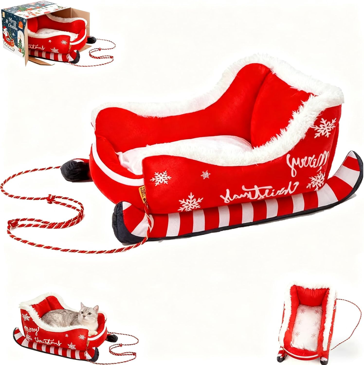 Christmas Sleigh Dog Bed, Christmas Sleigh Dog Cat Beds Soft Plush ...