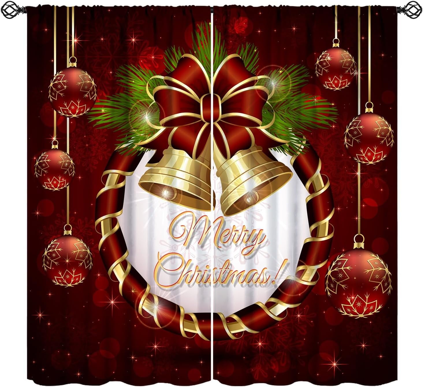 Christmas Small Bell Blackout Curtains, Vivid Fir Twigs Magenta Red ...