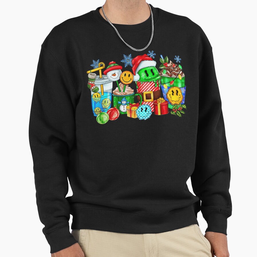 Christmas Smile Face Coffee Cups Graphic Unisex Sweatshirt Retro ...
