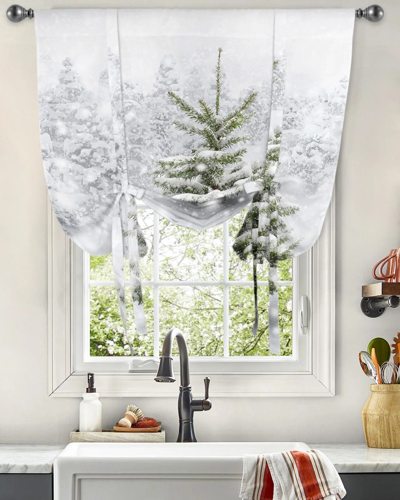 Christmas Snow Christmas Tree Window Curtain for Living Room Roman ...