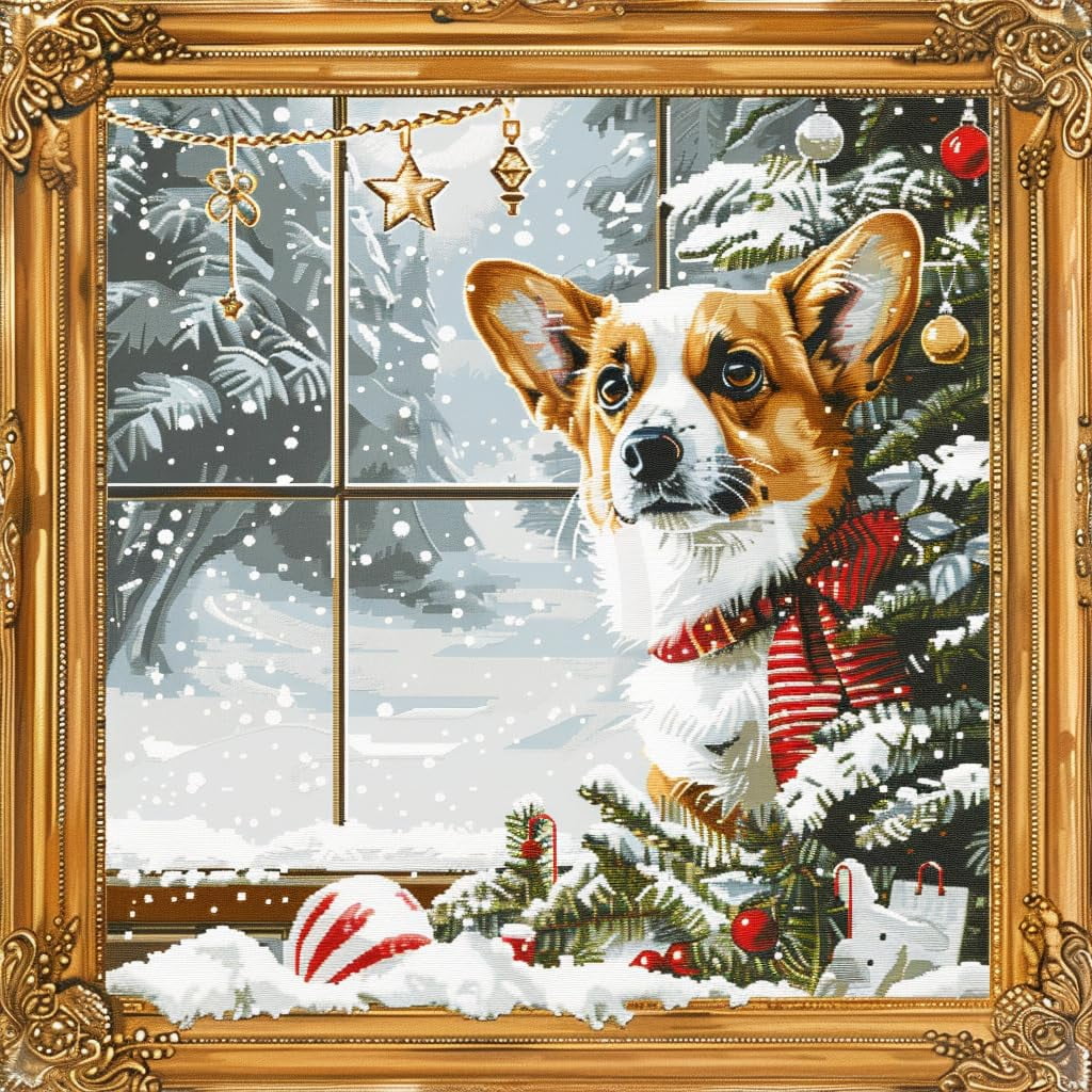 Christmas Snow Corgi Dog Sit in Window DIY 11CT Stamped Cross Stitch ...
