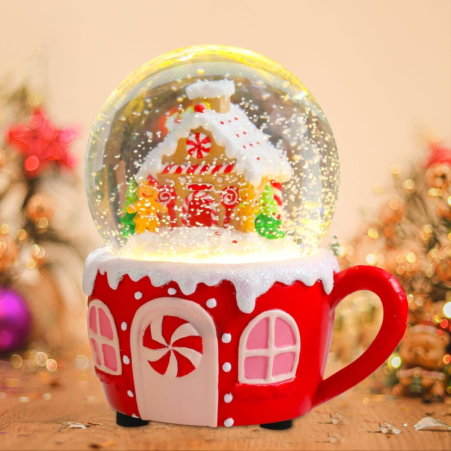 Christmas Snow Globe, 6.7" Gingerbread Man Lights Up Color Changing ...