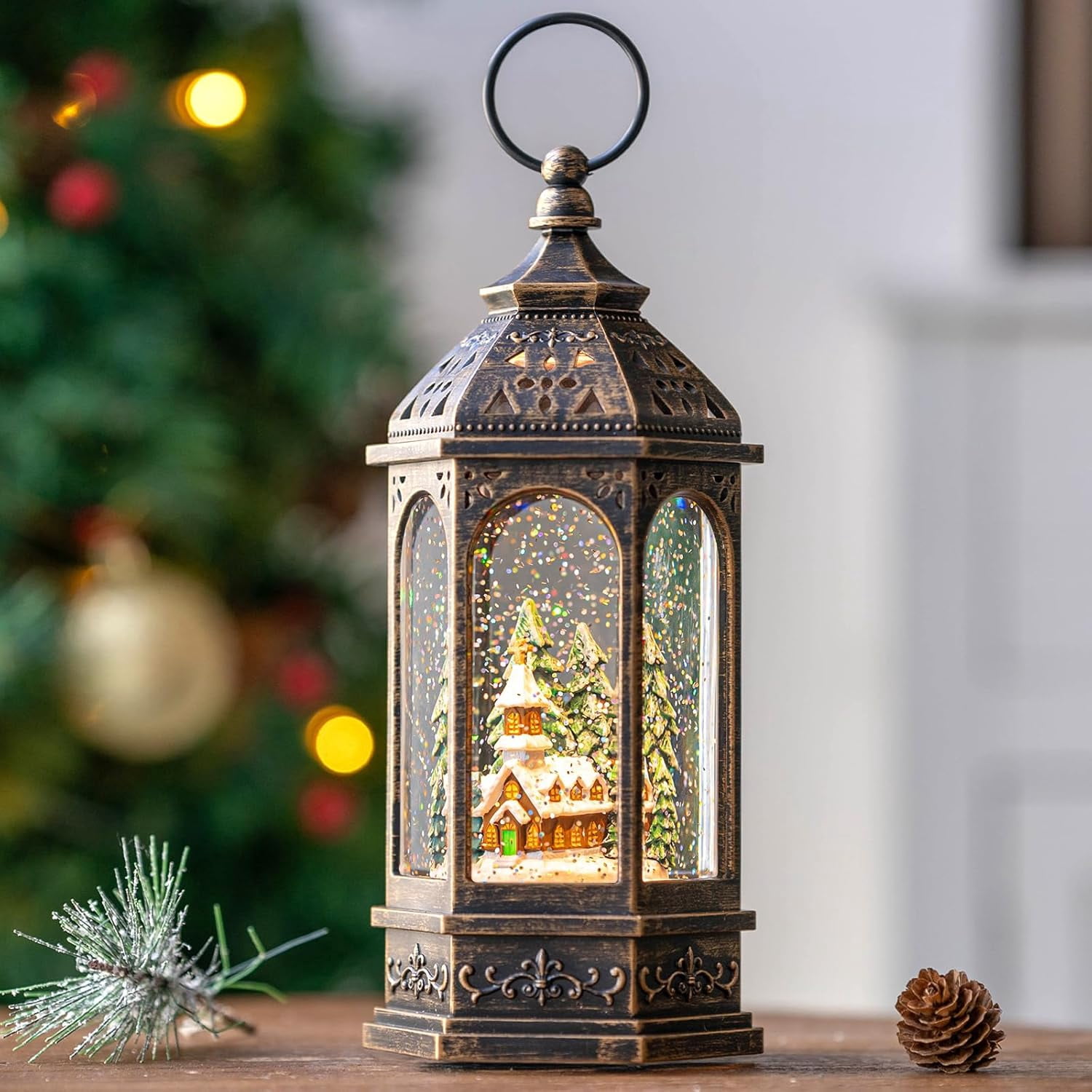 Christmas Snow Globe Lantern Lighted Holiday Village Church with Music ...