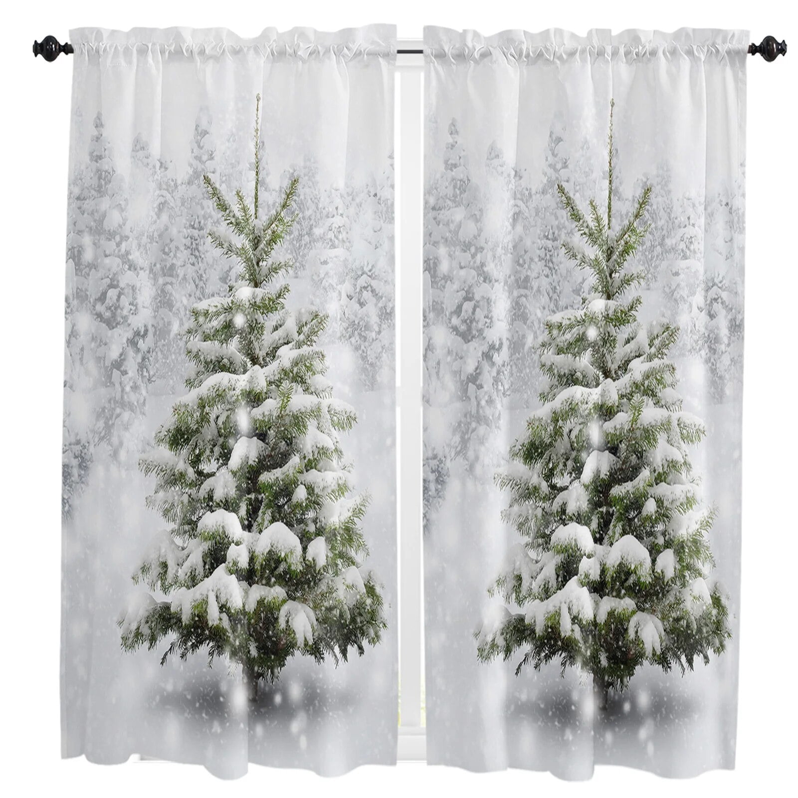 Christmas Snow Land Tree Snowflake Curtain Rod Pocket Short Curtains ...