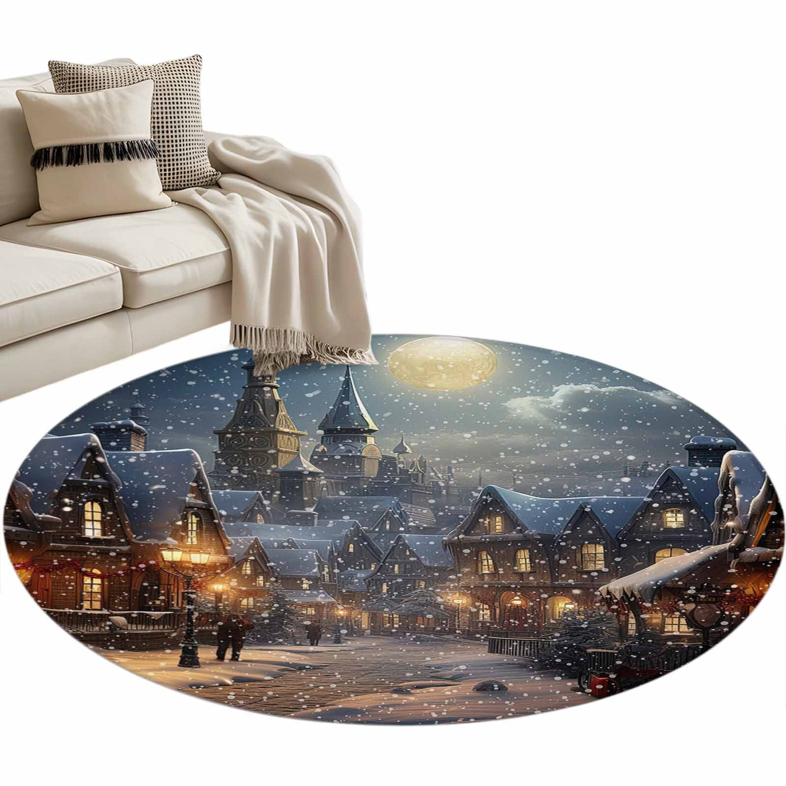 Christmas Snow Round Area Rug 4ft Covered Night Town Street Moon Non ...