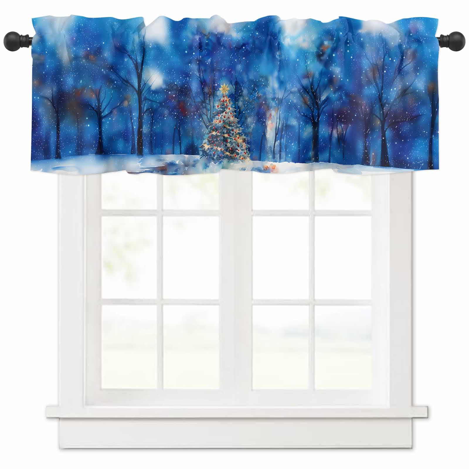 Christmas Snow Valances for Windows, Covered Xmas Tree Forest Navy Blue ...