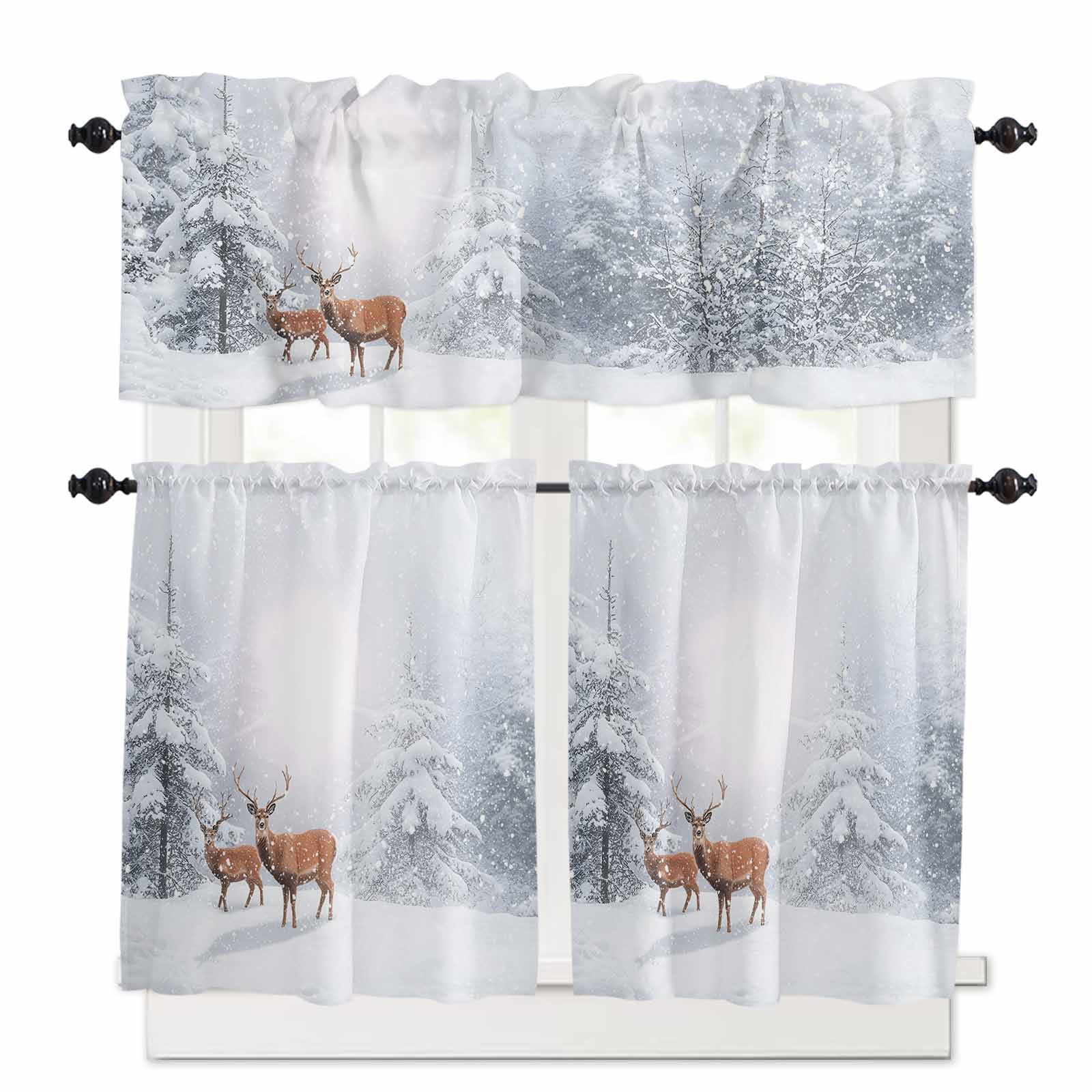 Christmas Snow View Kitchen Curtains and Valances Set, Elk Forest Tree ...