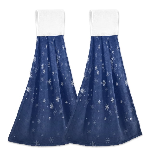 Christmas Snow on Blue 2pcs Loop Hanging Bathroom Hand Towel Soft Dish ...
