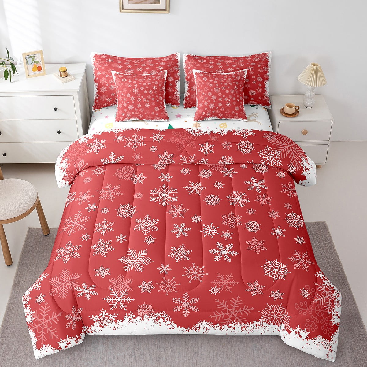 Christmas Snowflake 7 Piece Comforter Set King Bed in a Bag,Red ...