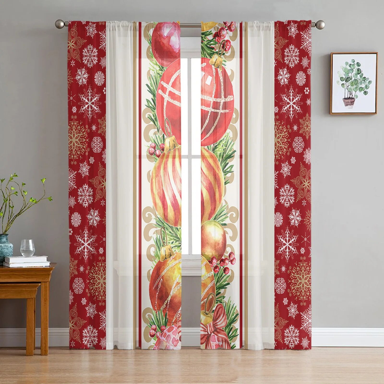 Christmas Snowflake Balls Sheer Voile Curtain for Living Room Bedroom ...
