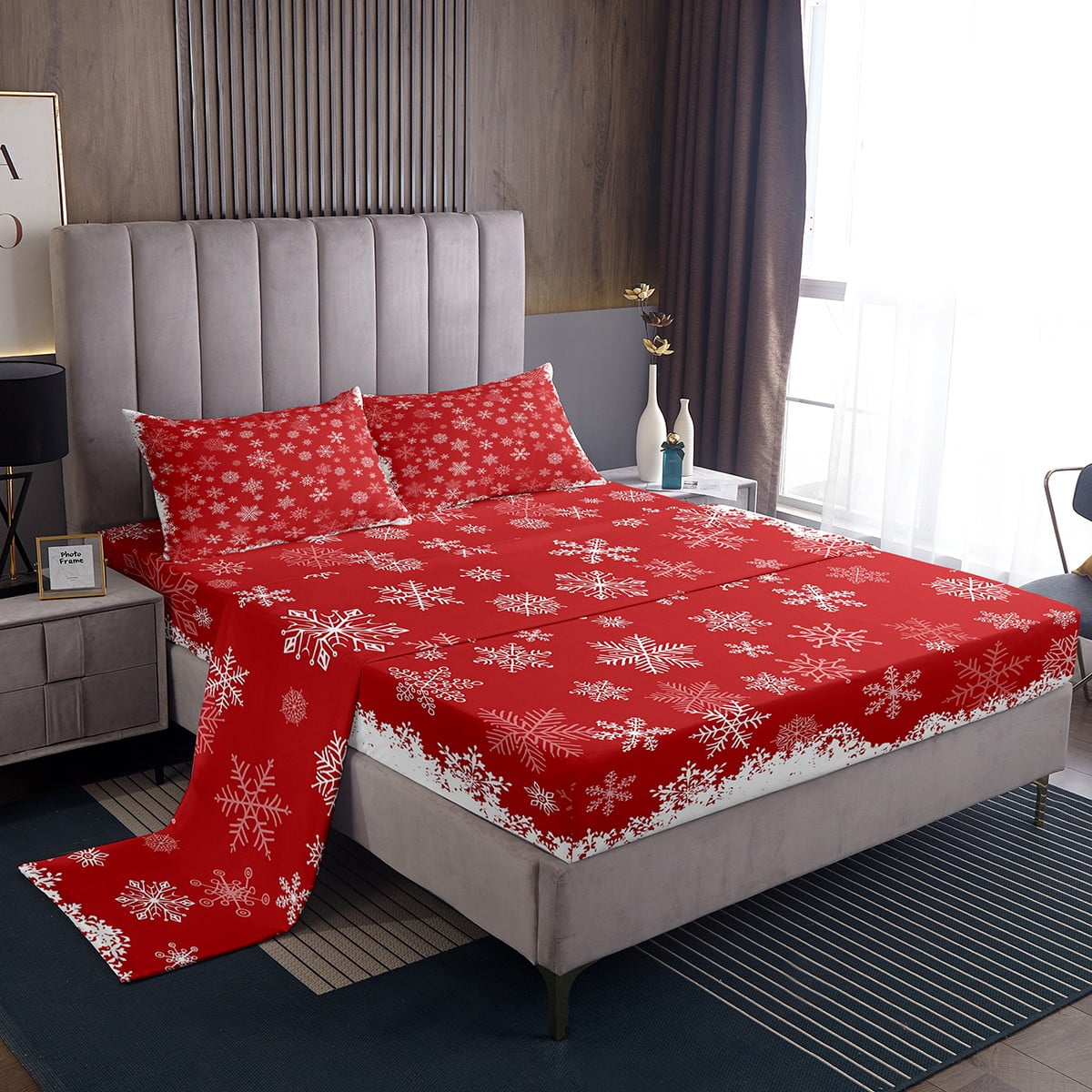 Christmas Snowflake Bed Sheets Set Queen,Red Snowflake Floral Bedding ...
