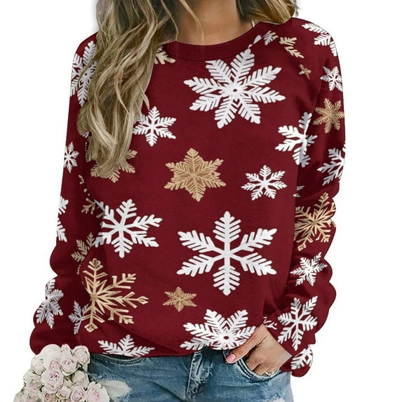 Christmas Snowflake Deer Fashion Round Neck Long Sleeve Printed Elegant ...