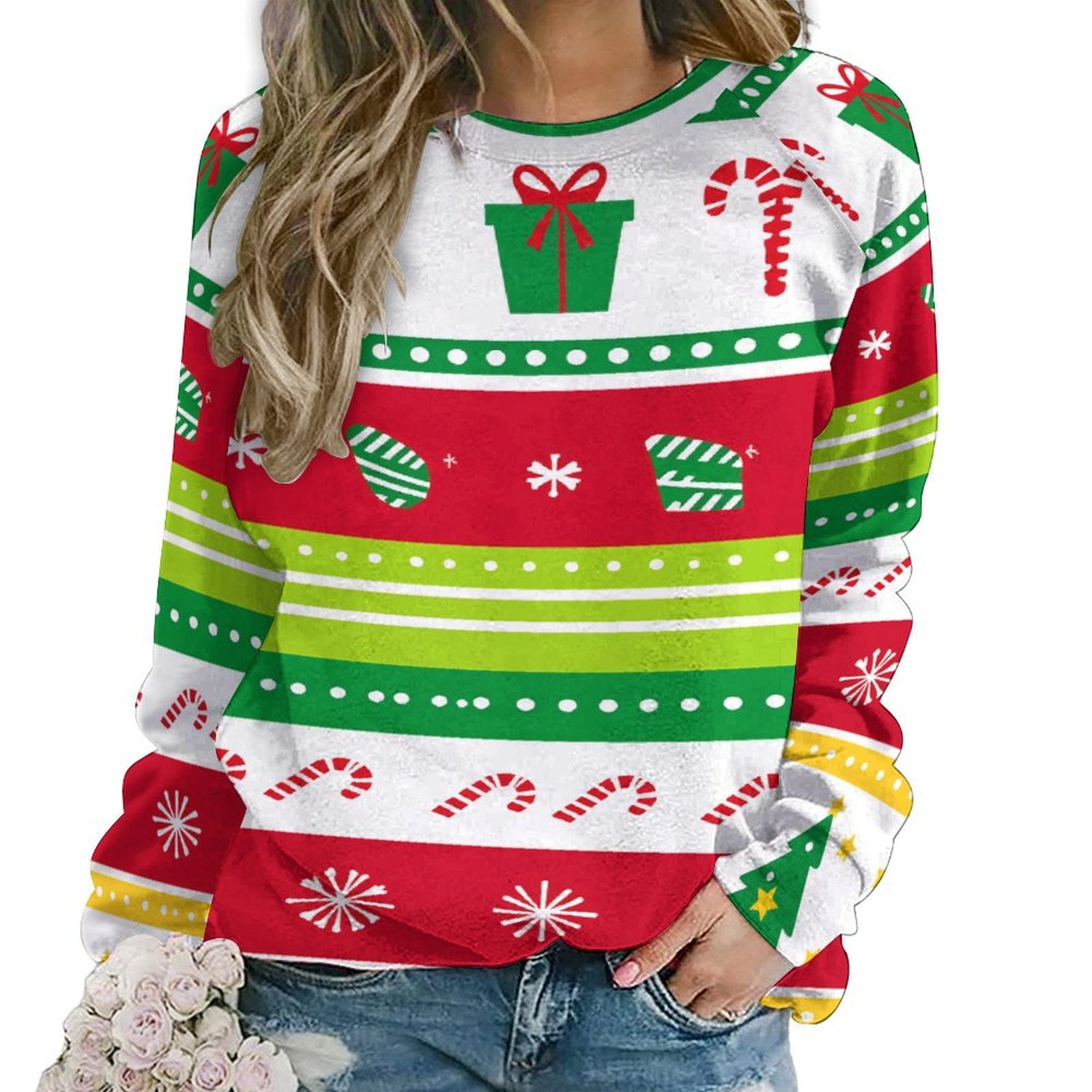 Christmas Snowflake Deer Fashion Round Neck Long Sleeve Printed Elegant ...