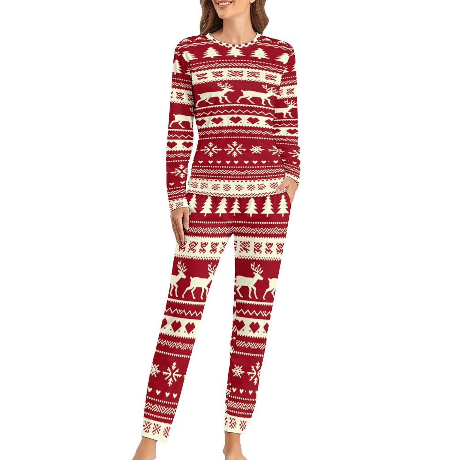 Christmas Snowflake Deer Pajamas Woman 2 Piece Vintage Pajamas Set Long ...
