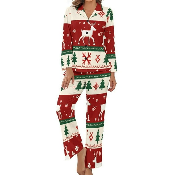 Christmas Snowflake Deer Pajamas Woman Vintage Pajamas Set 2 Piece Long-Sleeve Comfortable ...