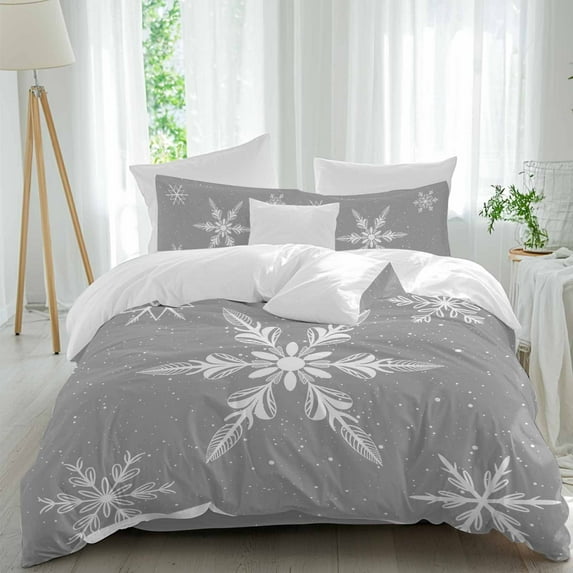 Christmas Snowflake Duvet Cover Set King Size, Grey Winter Classic Texture 4 Piece Soft ...