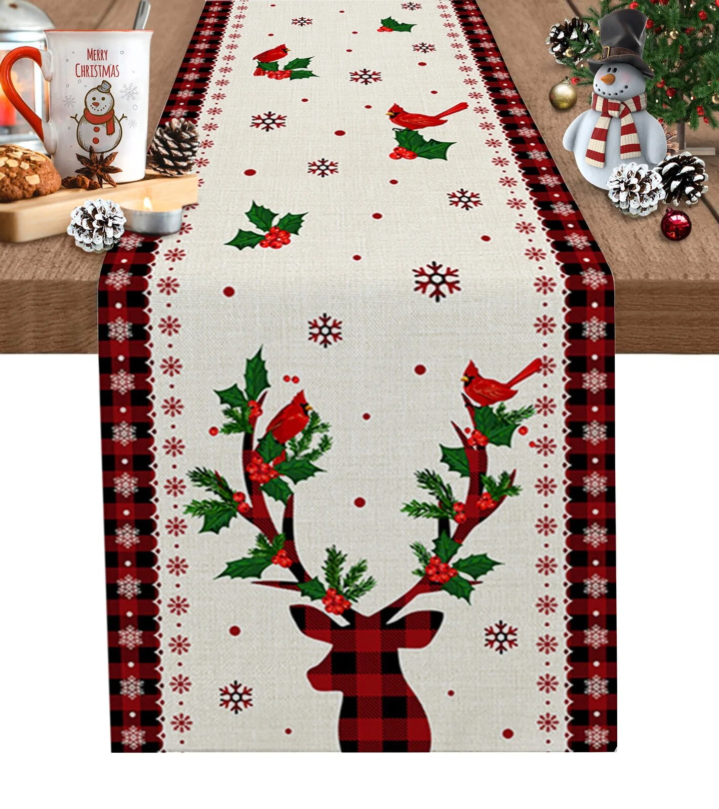 Christmas Snowflake Elk Red Plaid Table Runner for Dining Table Wedding ...