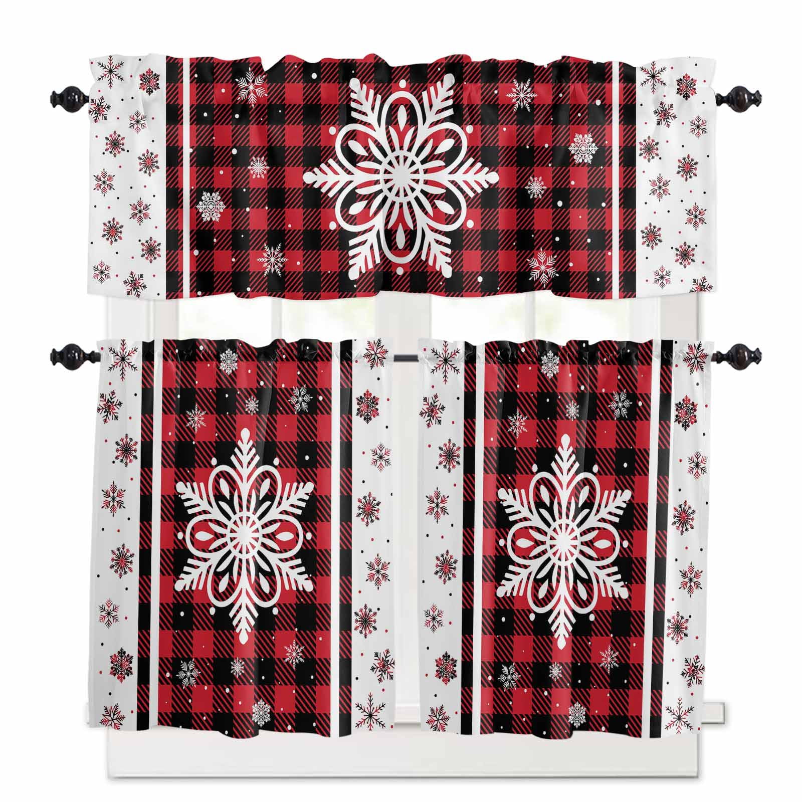 Christmas Snowflake Kitchen Curtains and Valances Set, Black Red ...