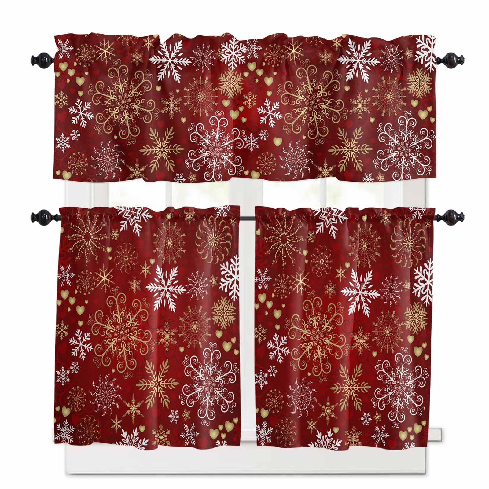 Christmas Snowflake Kitchen Curtains and Valances Set, Red Gold ...