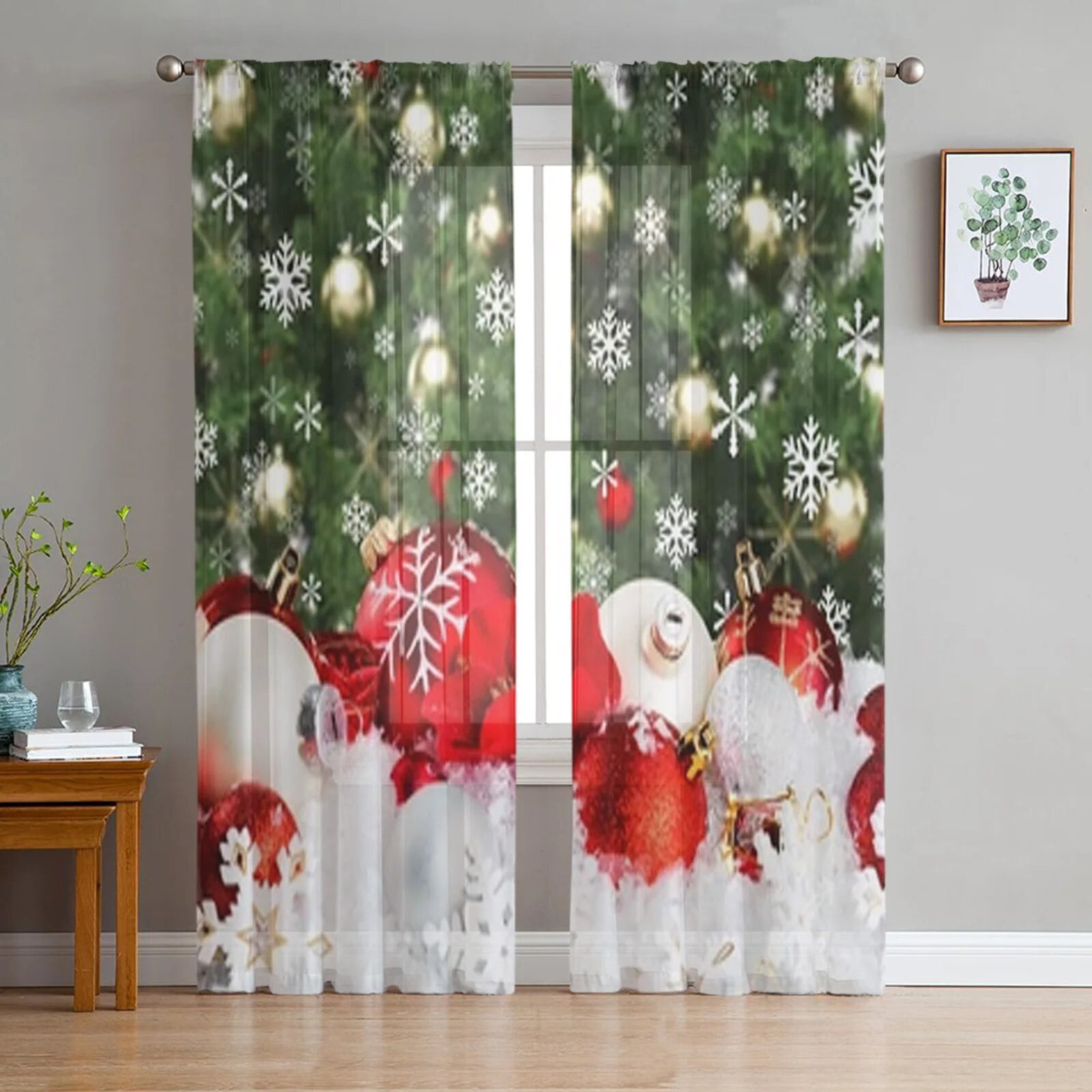 Christmas Snowflake Red Ball Sheer Curtains For Living Room Bedroom ...