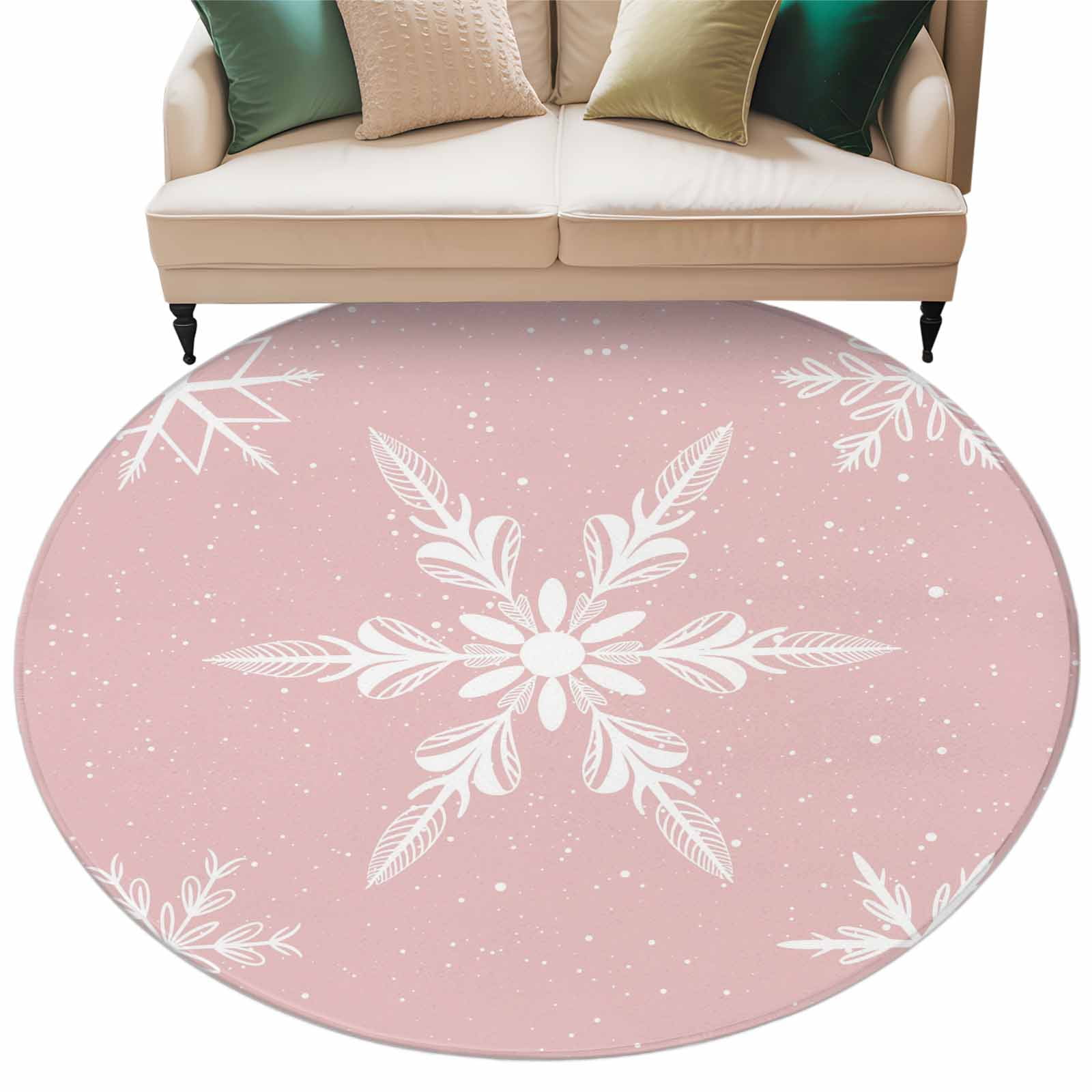 Christmas Snowflake Round Area Rug 5ft Pink Winter Classic Texture Non ...