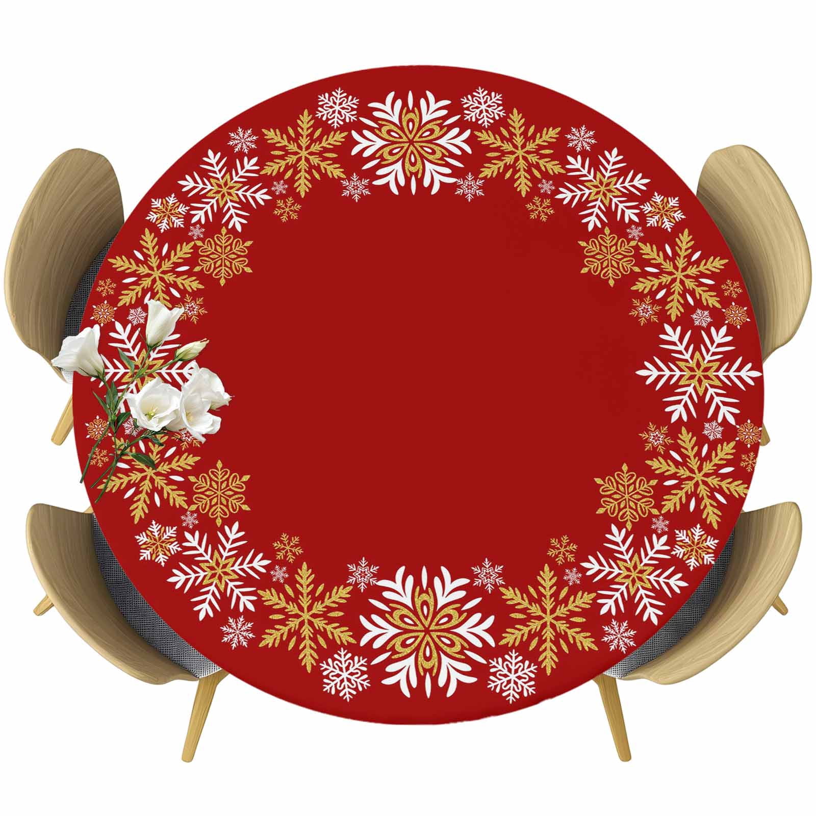 Christmas Snowflake Round Tablecloth, Fitted Table Cover with Elastic ...