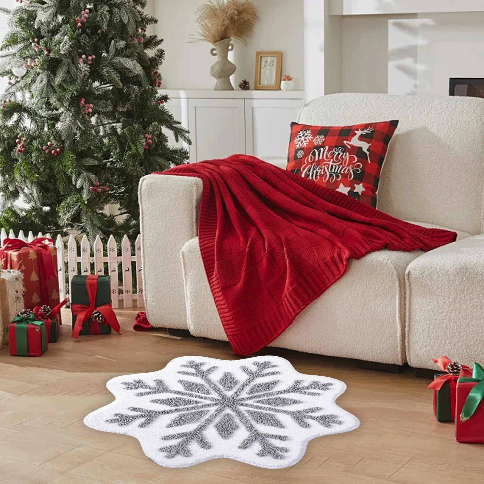 Christmas Snowflake Rug | Holiday Doormat Red White Polyester | Soft ...