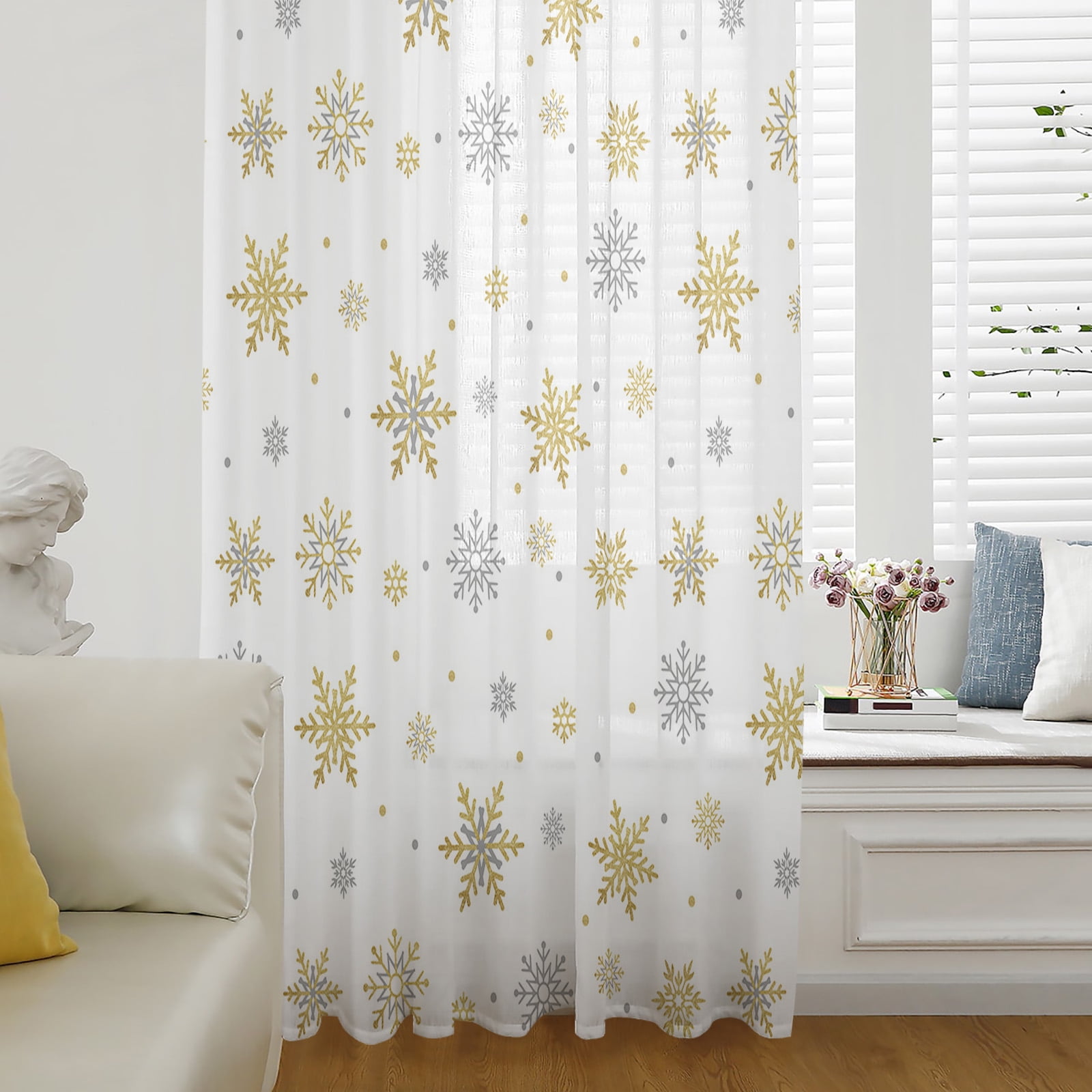 Christmas Snowflake Semi Sheer Curtains Drapes for Living Room, Bedroom ...