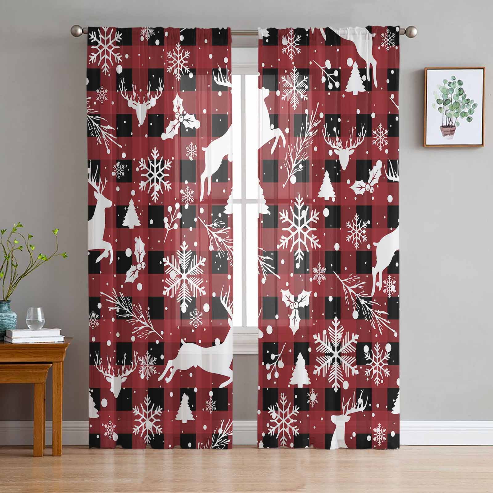 Christmas Snowflake Sheer Curtains 63 Inches Long, Xmas Elk Red Black ...