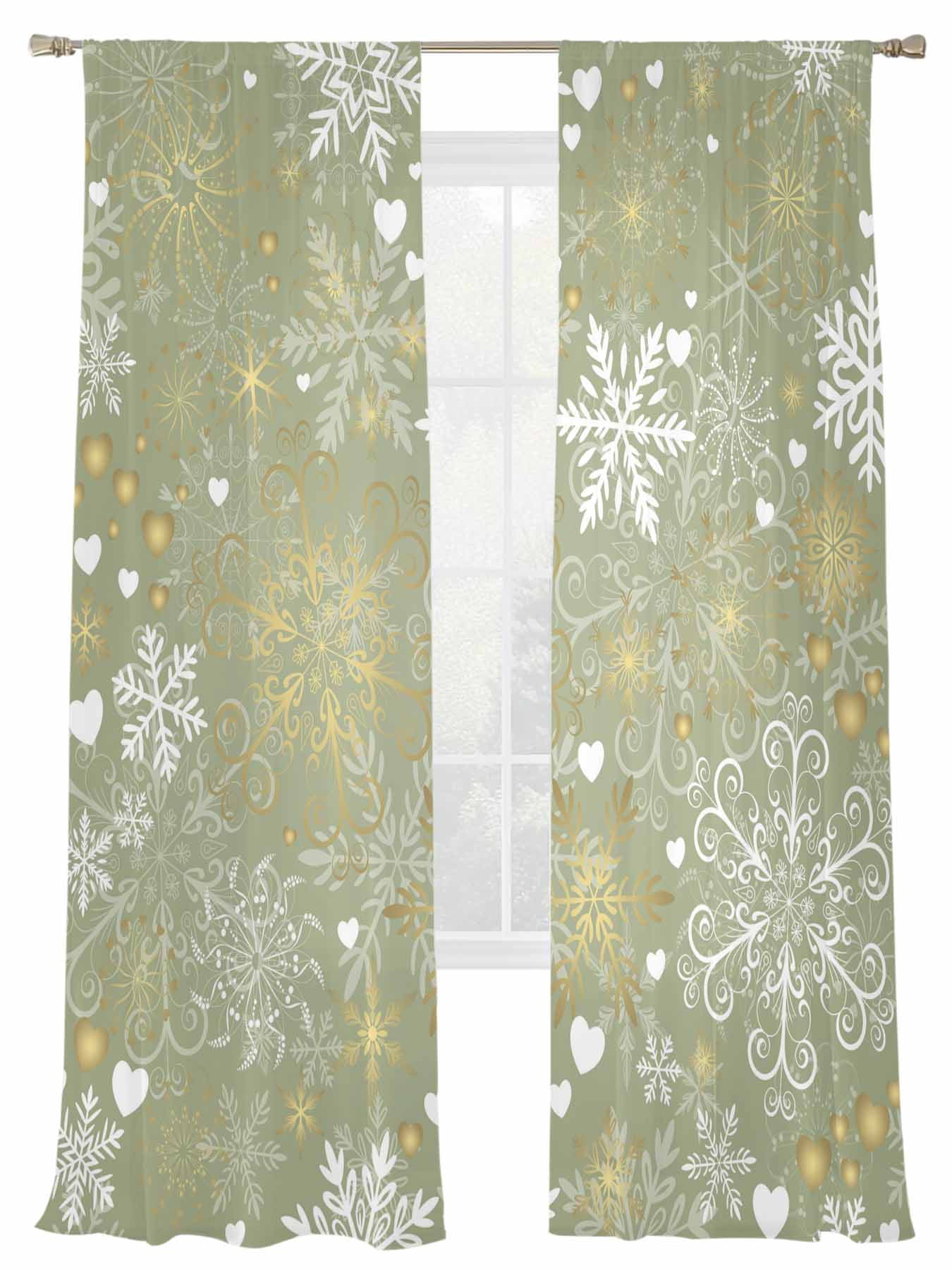 Christmas Snowflake Sheer Curtains 96 inches Long, Green Gold Retro ...