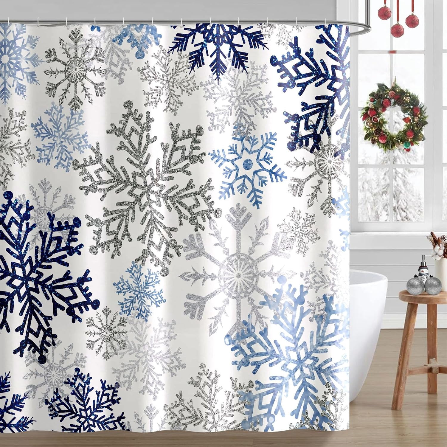 Christmas Snowflake Shower Curtain Fabric Winter Holiday Shower ...